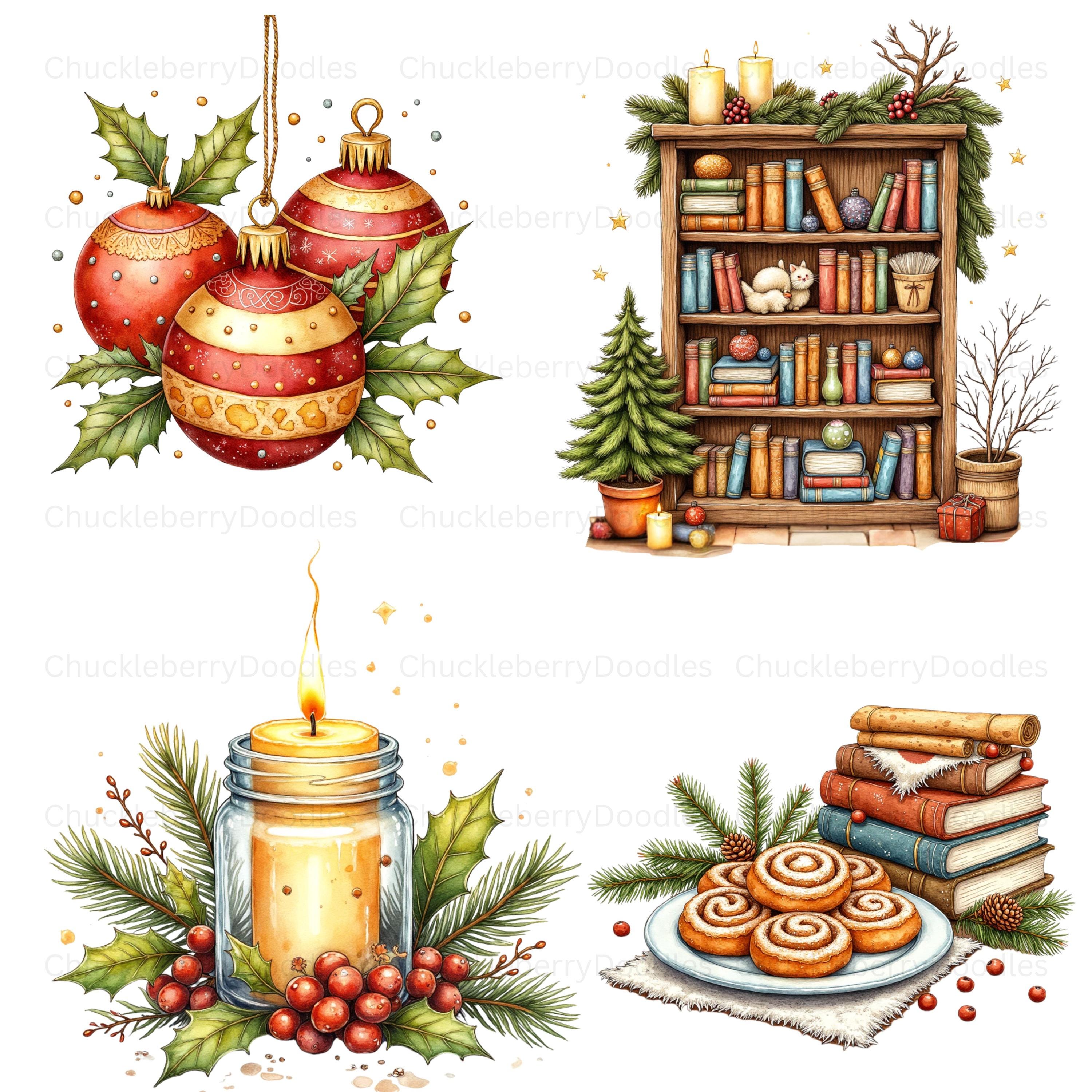 Bookish Christmas Clipart PNG Bundle : Watercolor Book Lover Digital ...