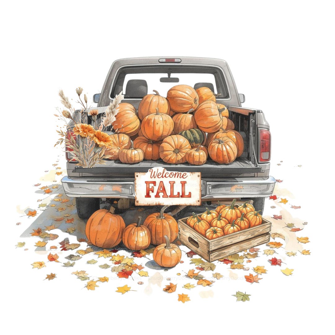 Watercolor Fall Truck Clipart: Pumpkins, Leaves, Farmhouse (digital ...
