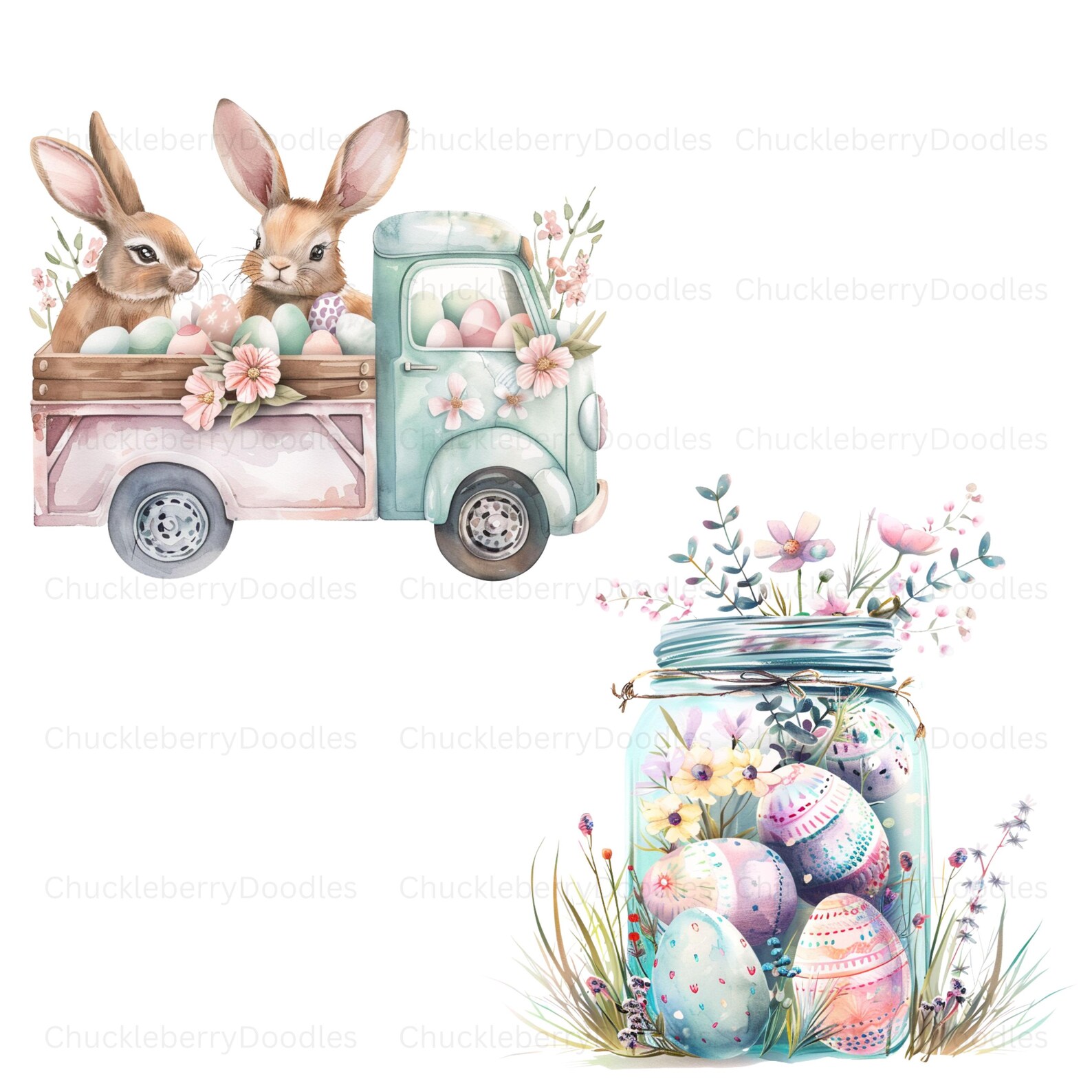 Easter Clipart Bundle - Watercolor Pastel Bunny PNG & Spring Floral ...