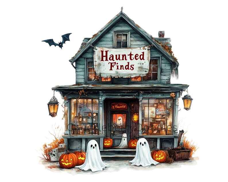 Watercolor Haunted Shop Clipart Set: Eerie Halloween Store PNG (digital ...