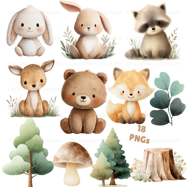 Watercolor Woodland Animals Clipart - Baby Forest Animal (18 Pngs ...