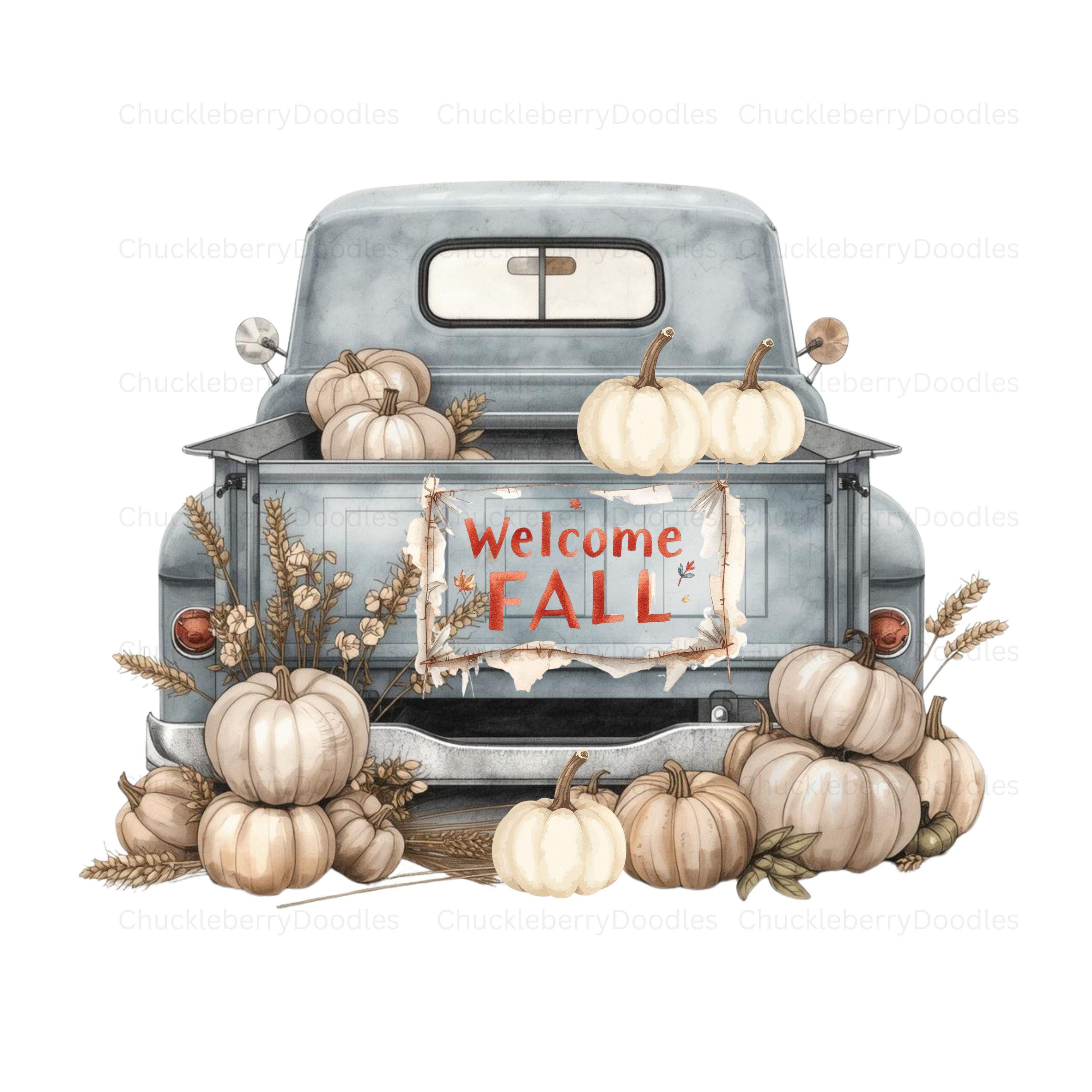 Watercolor Fall Truck Clipart: Pumpkins, Leaves, Farmhouse (digital ...