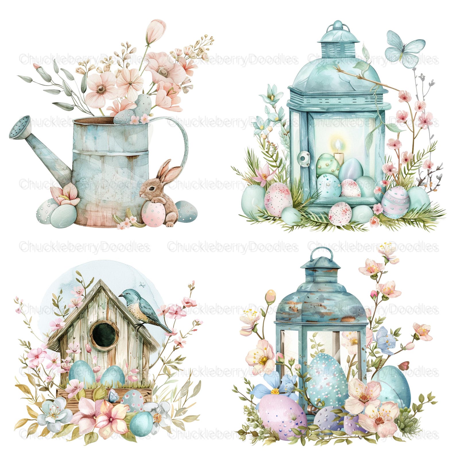 Easter Clipart Bundle - Watercolor Pastel Bunny PNG & Spring Floral ...