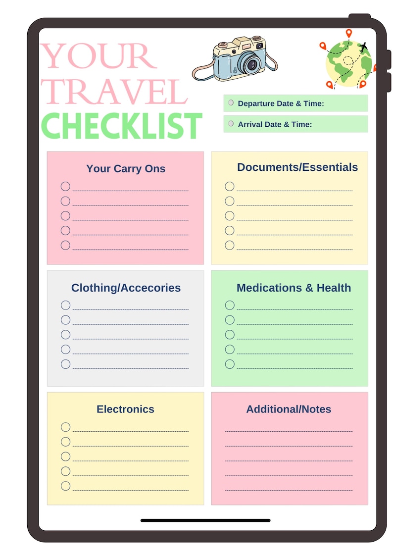 Travel Checklist Printable PDF — Carry-on, Packing & Vacation Planner ...