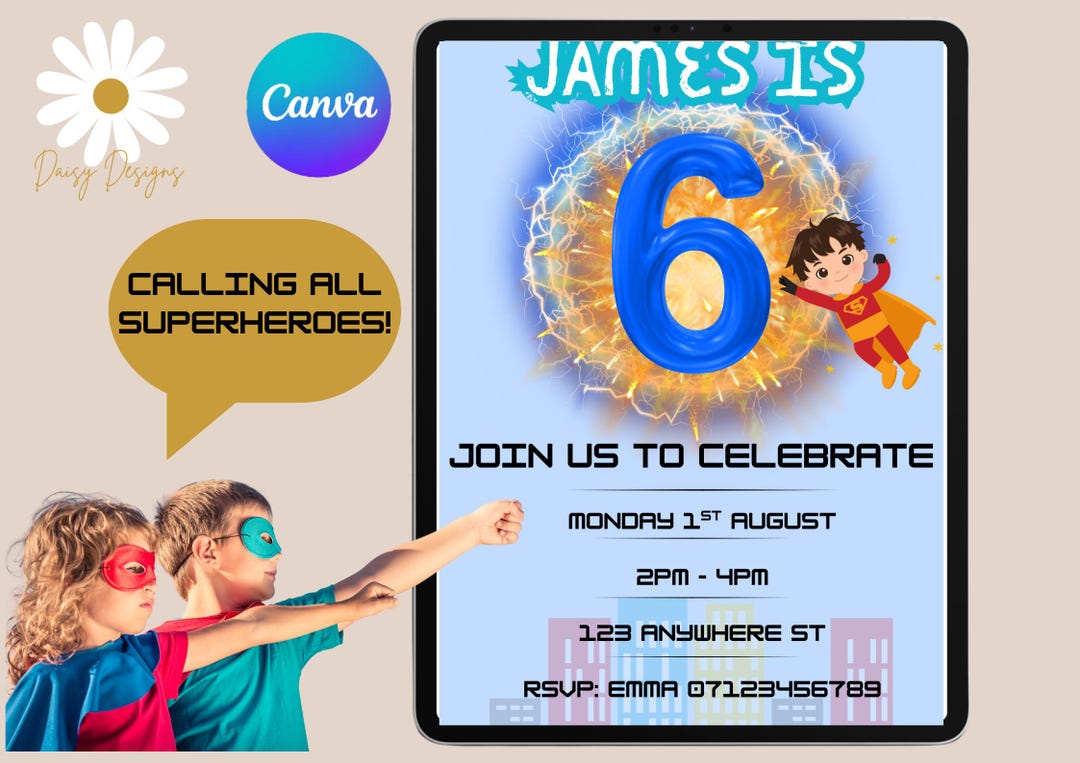 Editable 6th Birthday Superhero Invitation, Boy Invitation, Digital ...