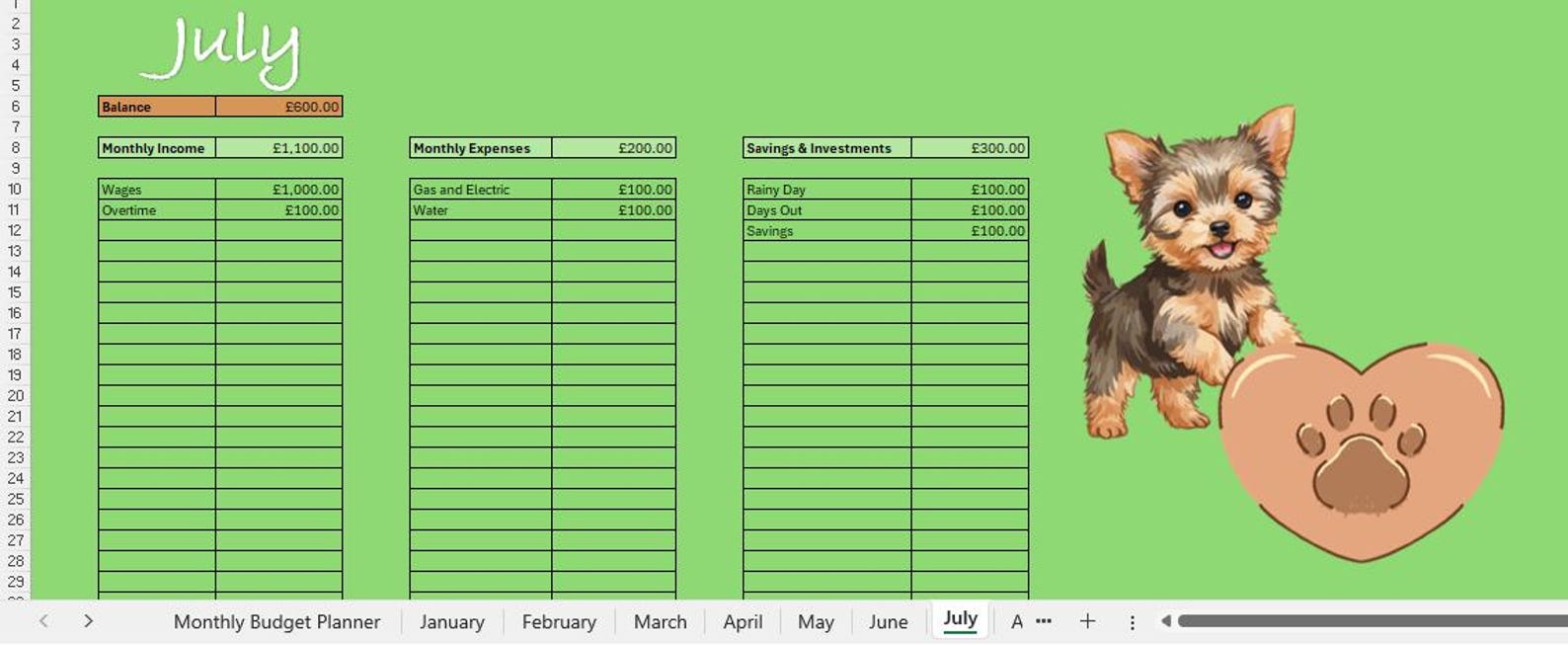 Puppies Monthly Budget Planner Excel | Automated Finance Tracker ...