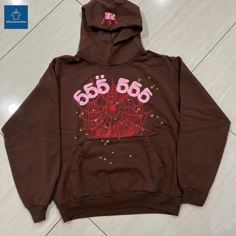 Brown 555 Graphic Hoodie – Pink Lettering – Spider Web Streetwear ...