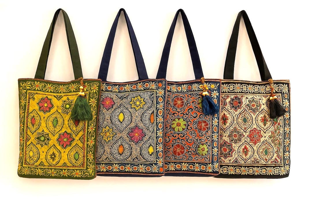 Embroidered Tote Bags Combo – Set of 4 Colorful Handcrafted Ethnic ...