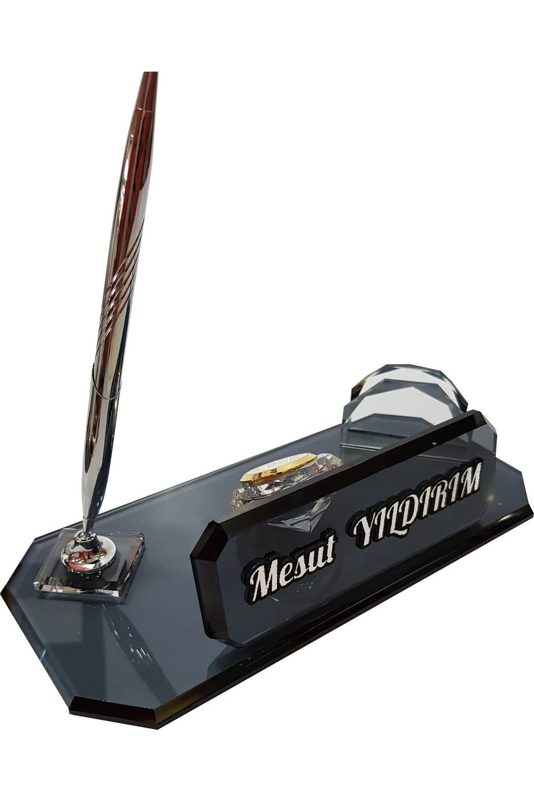 Personalized Crystal Desk Name Plate With Clock and Pen | Custom Office ...