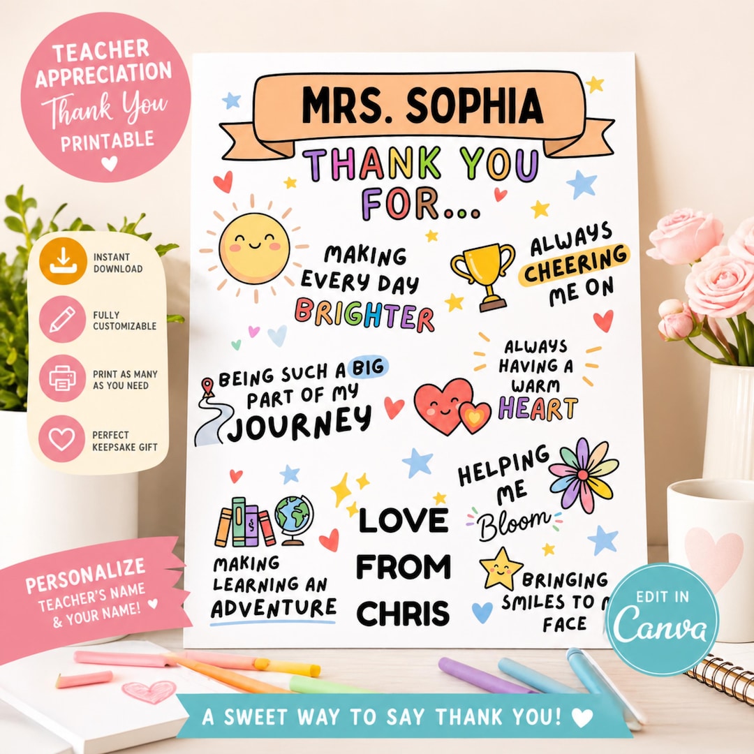 Thank You Teacher Customizable Card, Teacher Appreciation Week Activity ...