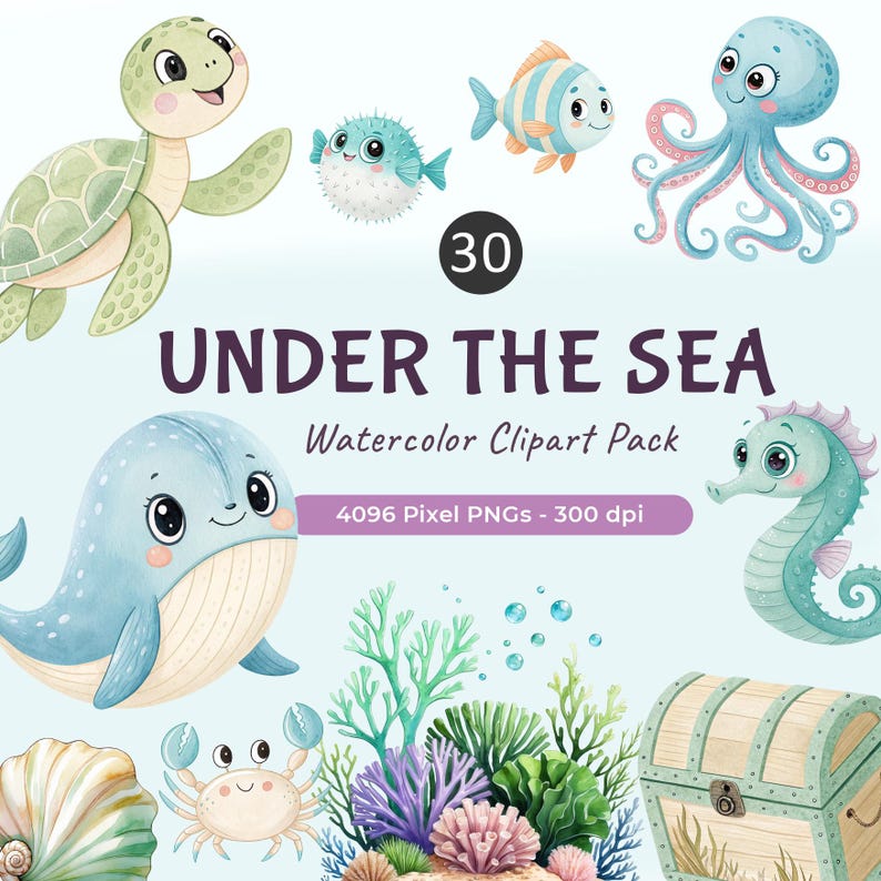 Watercolor Sea Animals Clipart: Ocean Nursery Art PNG (digital Download ...