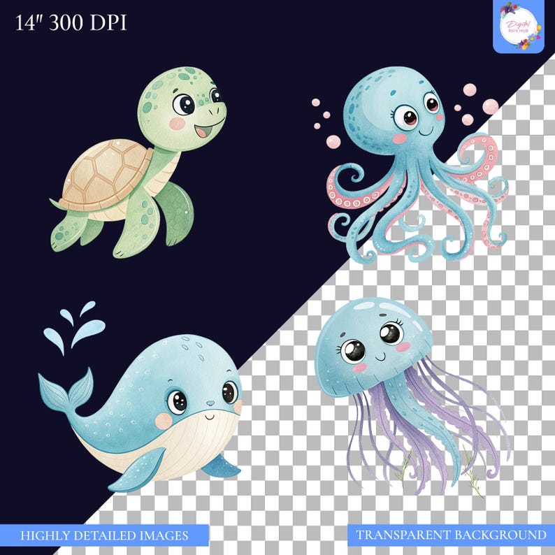 Watercolor Sea Animals Clipart: Ocean Nursery Art PNG (digital Download ...