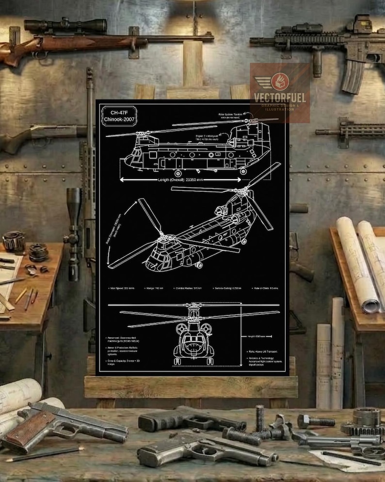 CH-47F Chinook Technical Blueprint Art | Printable Technical Drawing ...