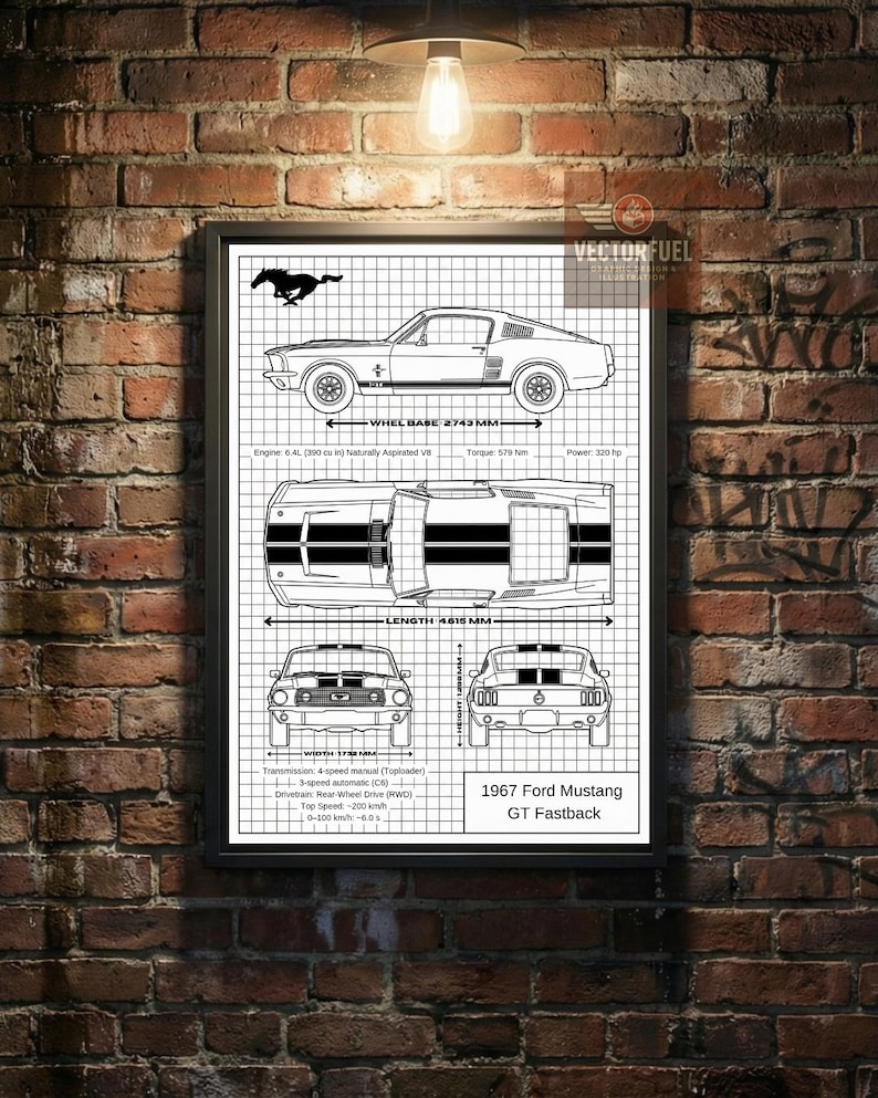 1967 Ford Mustang GT Fastback Blueprint Wall Art ( White Version ...