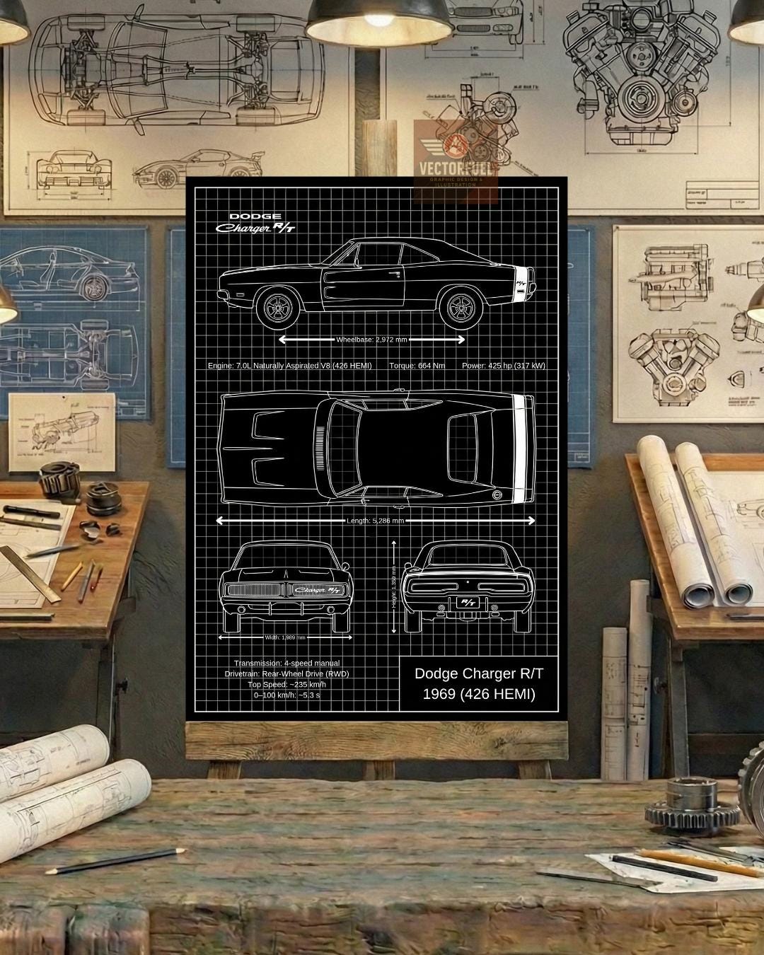 Dodge Charger R/T 1969 (426 HEMI) Blueprint Wall Art | Printable ...