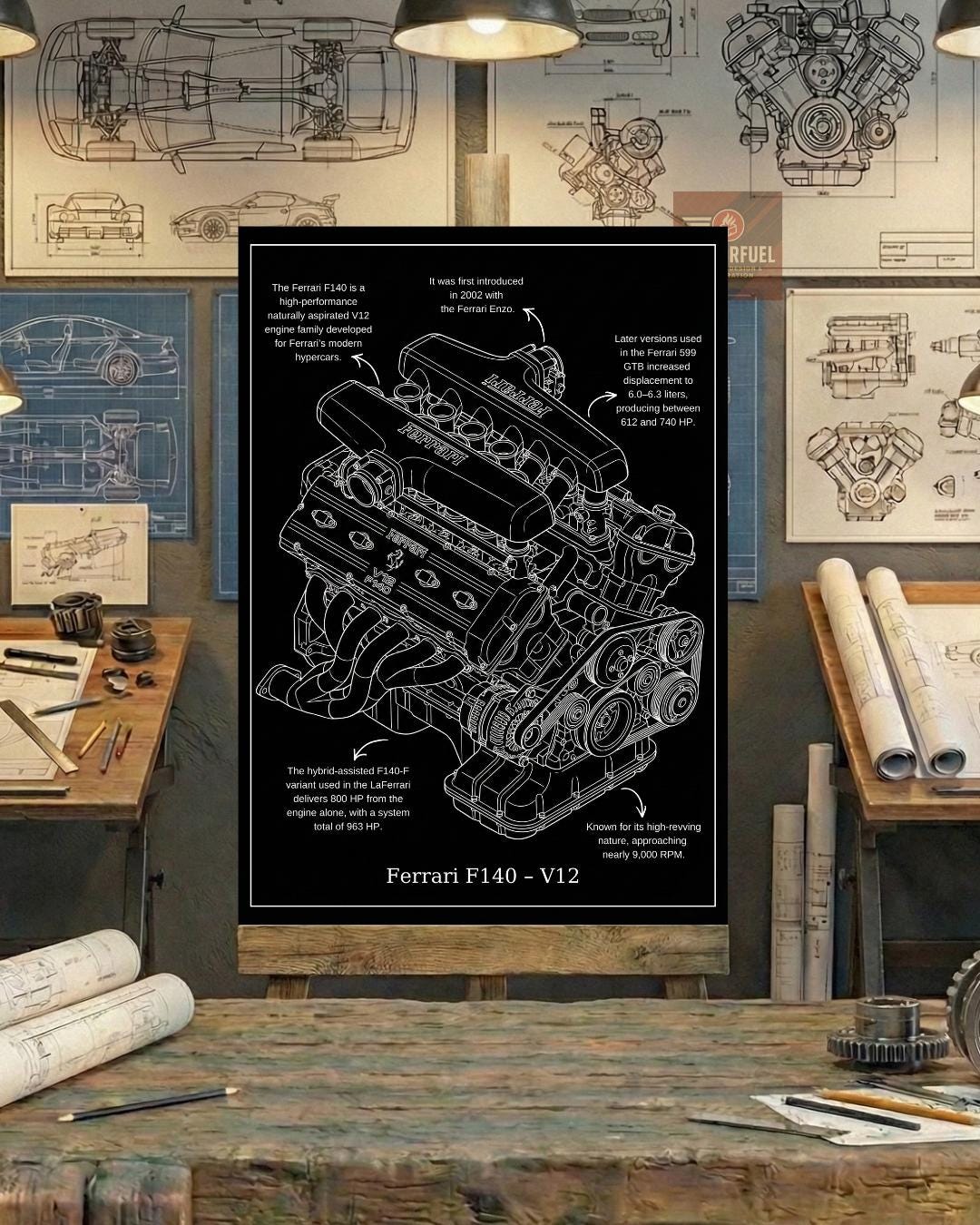 Ferrari V12 Engine Blueprint Art - Black and White Line Drawing ...