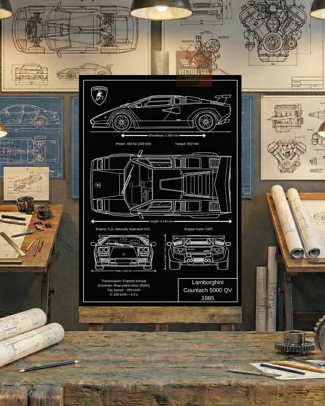 Lamborghini Countach 5000 QV-1985 Blueprint Wall Art | Printable ...