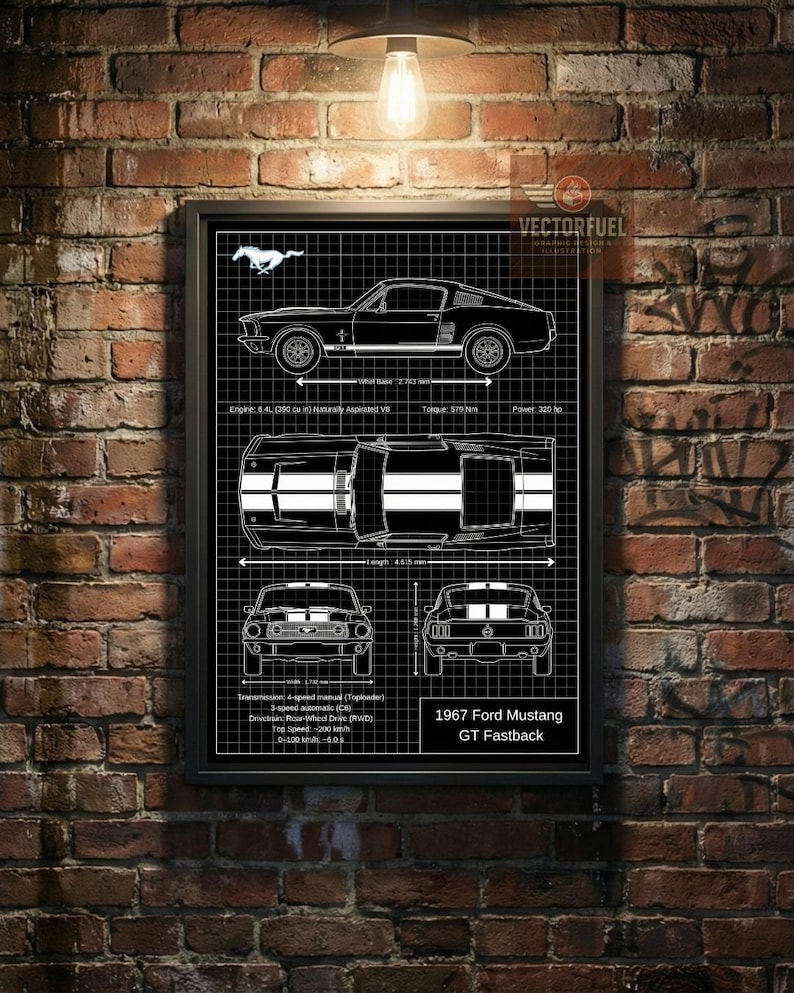 1967 Ford Mustang GT Fastback Blueprint Wall Art | Printable Technical ...