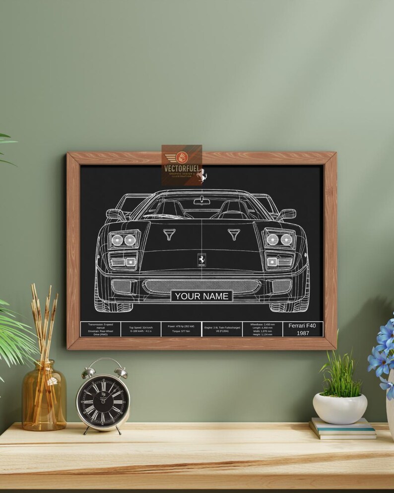 Personalized Ferrari F40 Blueprint - Custom Name Plate - Retro Car Art ...