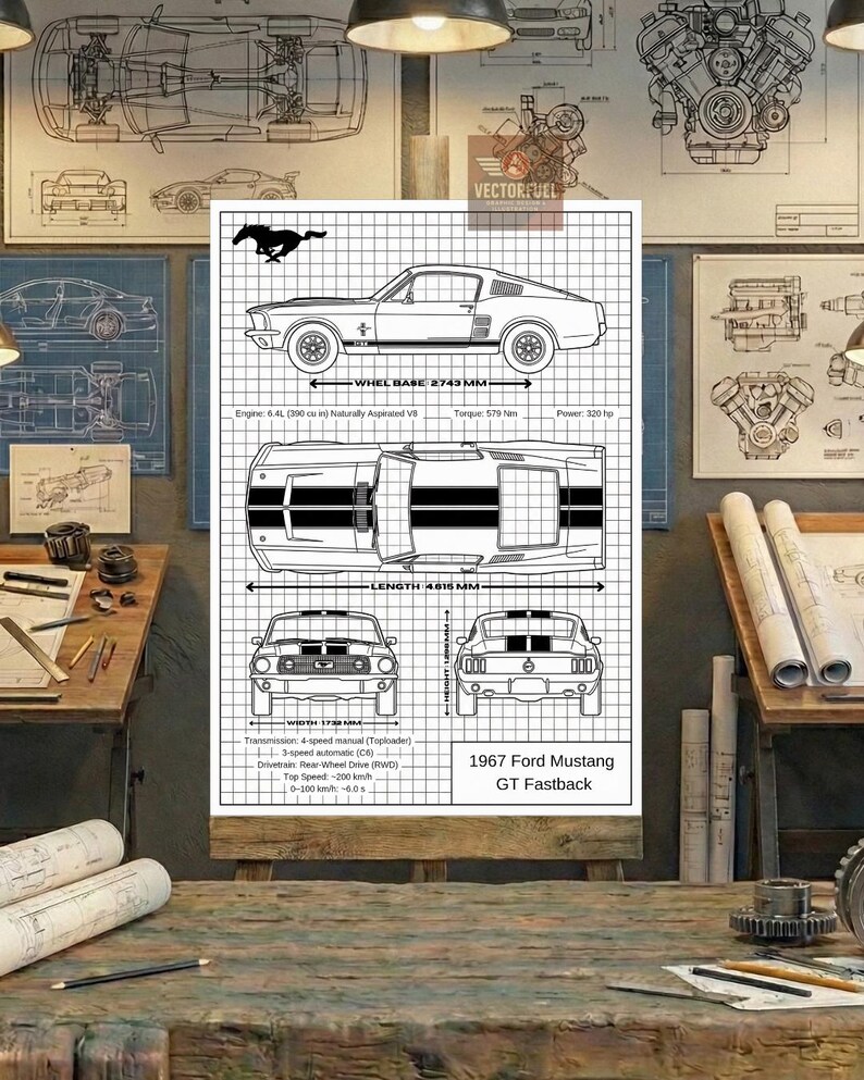 1967 Ford Mustang GT Fastback Blueprint Wall Art ( White Version ...