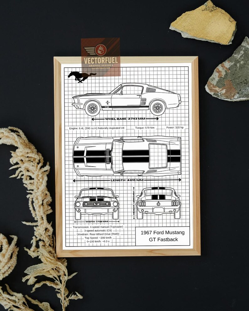 1967 Ford Mustang GT Fastback Blueprint Wall Art ( White Version ...