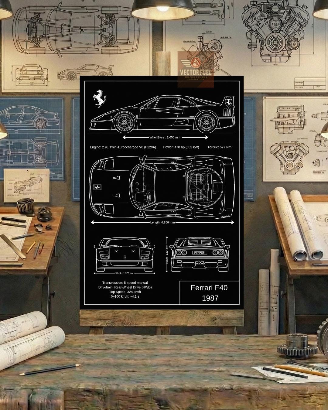 Ferrari F40 1987 Blueprint Wall Art | Printable Technical Drawing - Etsy