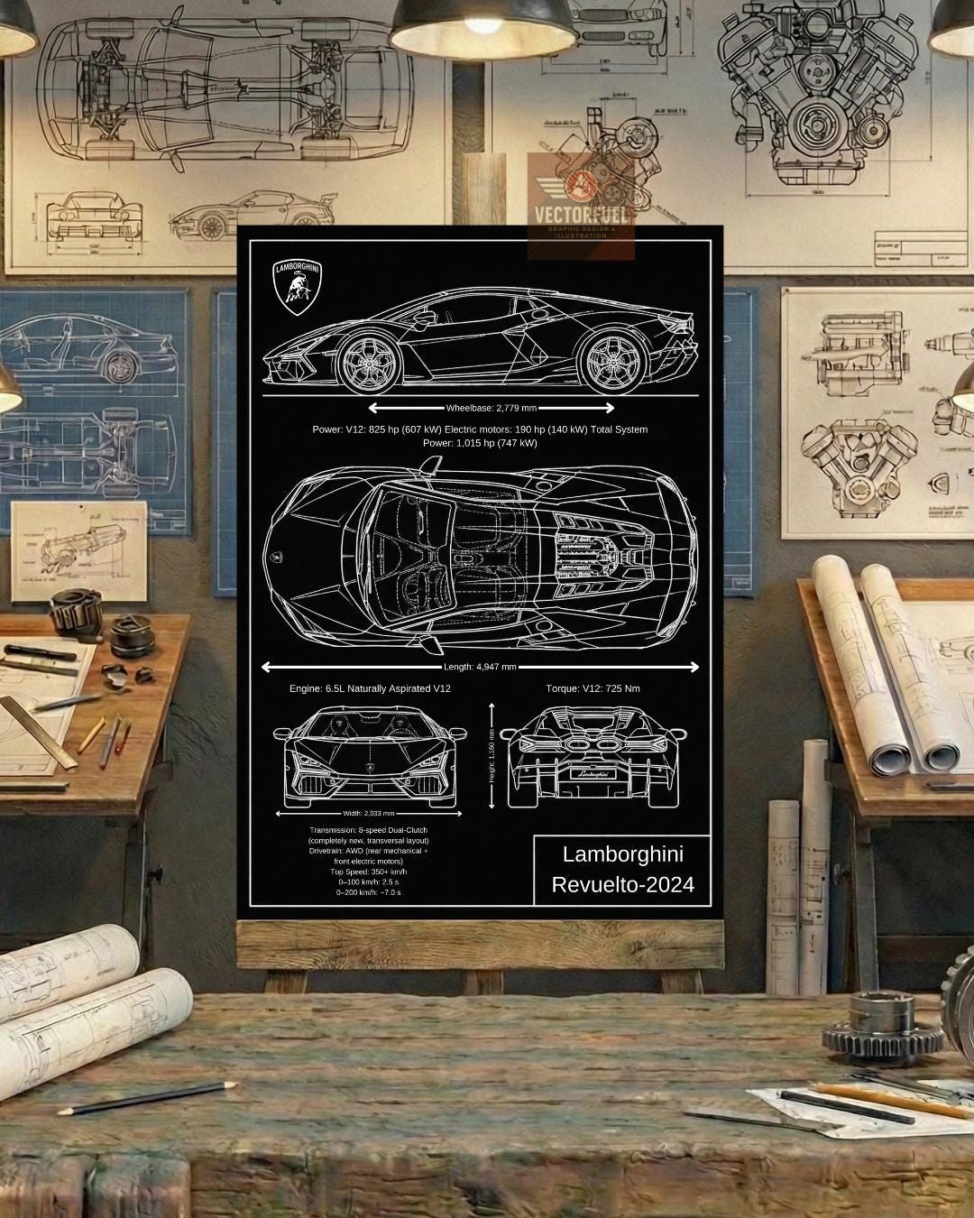 Lamborghini Revuelto-2024 Blueprint Wall Art | Printable Technical ...