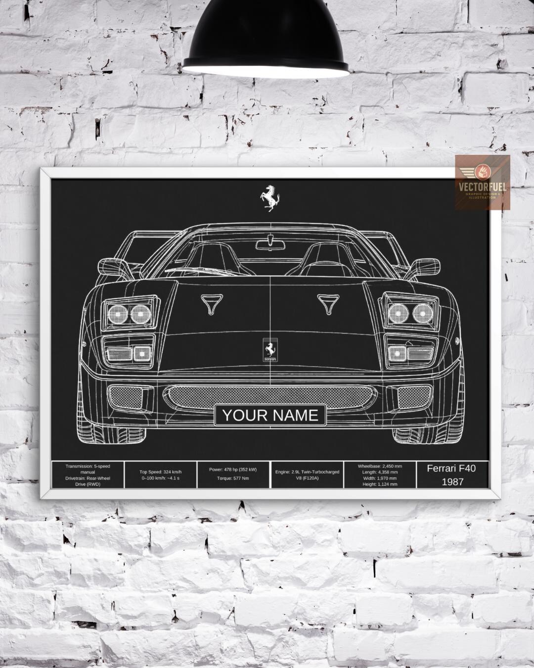 Personalized Ferrari F40 Blueprint - Custom Name Plate - Retro Car Art ...