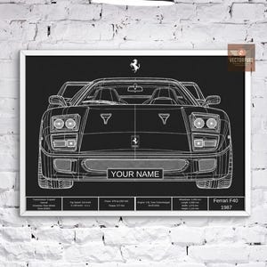 Personalized Ferrari F40 Blueprint - Custom Name Plate - Retro Car Art ...