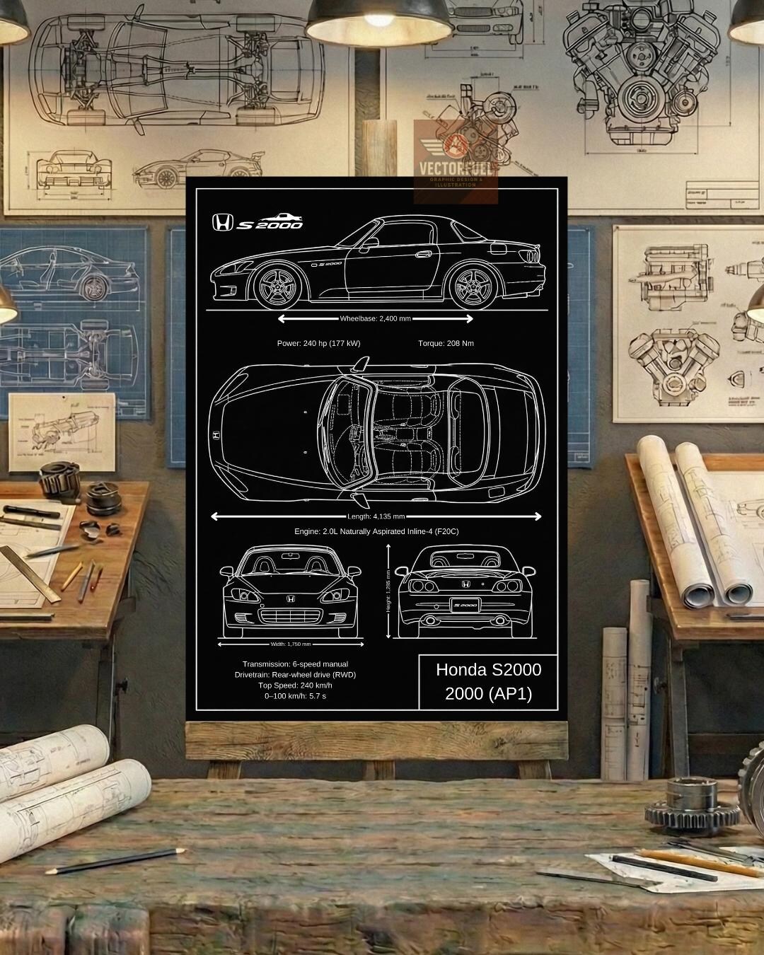 Honda S2000 2000 (AP1) Blueprint Wall Art | Printable Technical Drawing ...