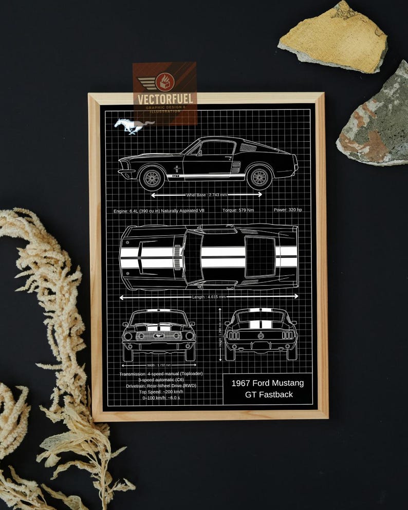 1967 Ford Mustang GT Fastback Blueprint Wall Art | Printable Technical ...