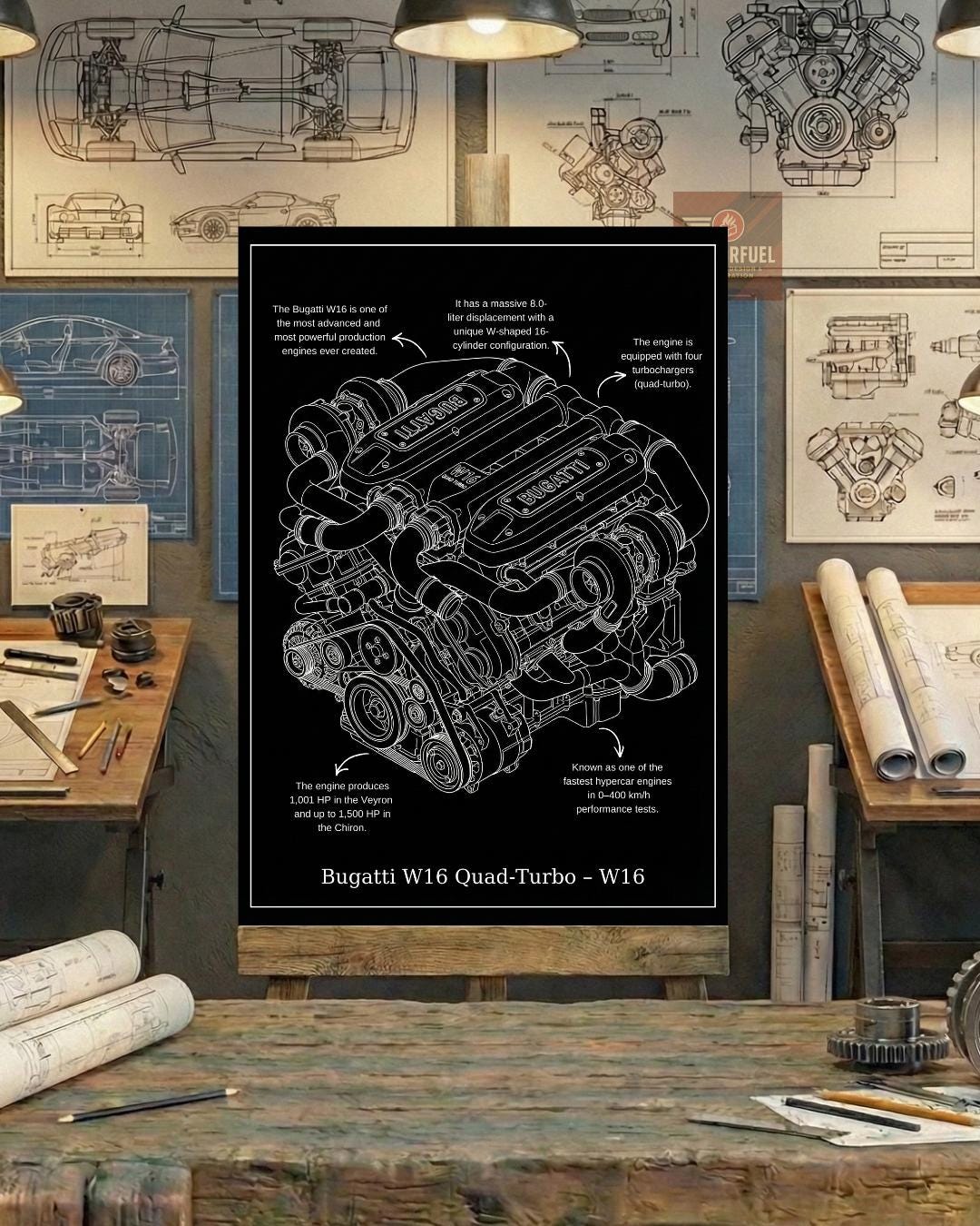 Bugatti W16 Engine Blueprint Art - Black and White Line Drawing ...