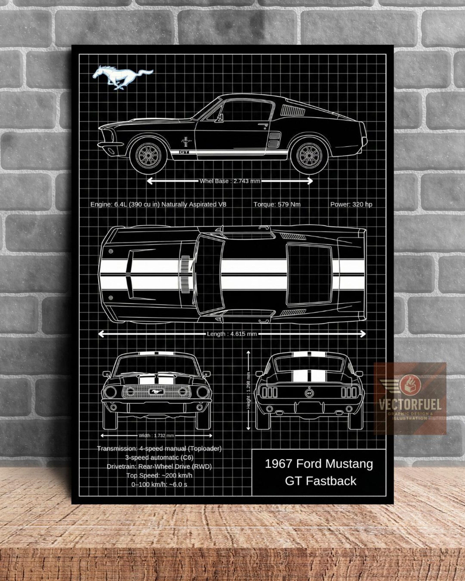 1967 Ford Mustang GT Fastback Blueprint Wall Art | Printable Technical ...