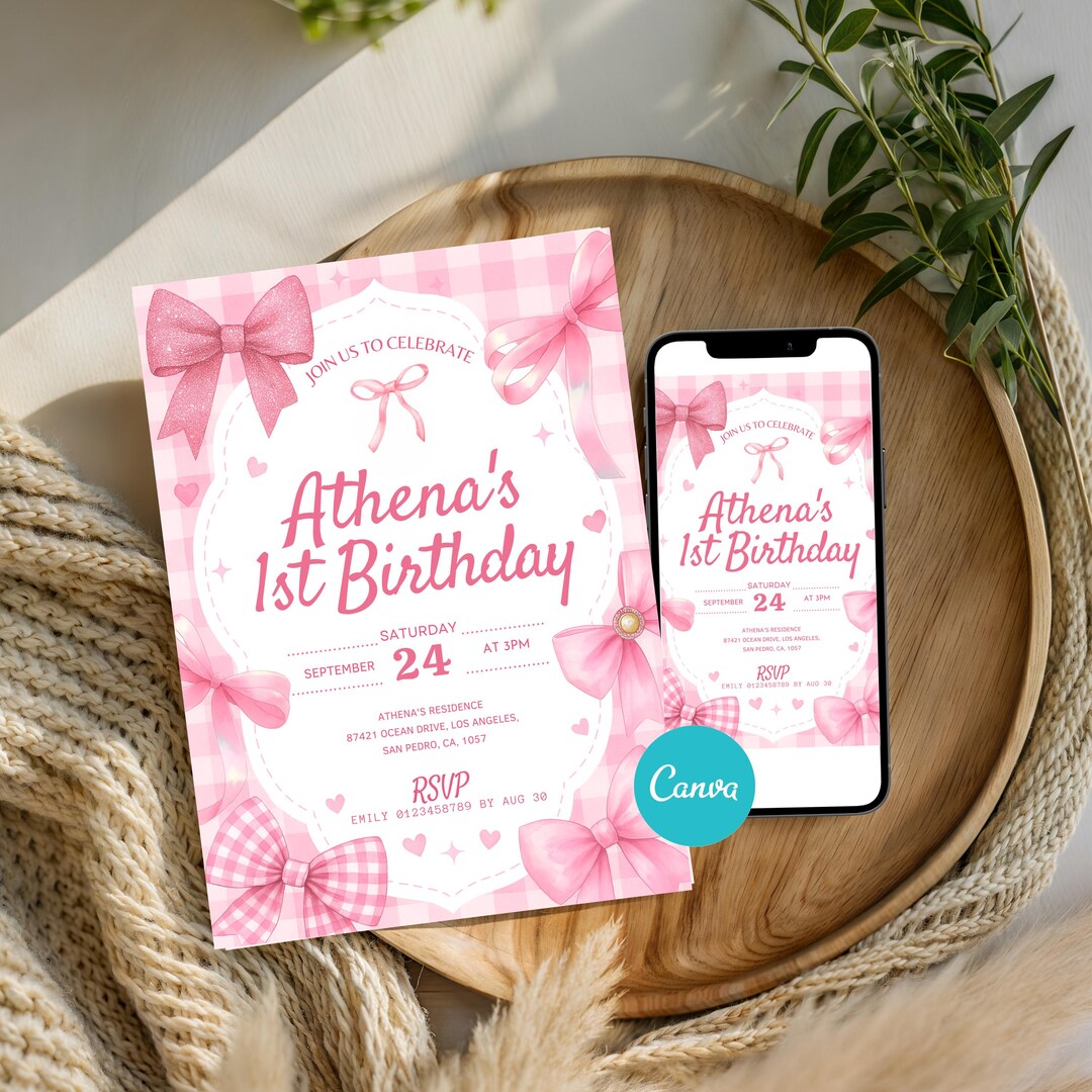 Editable Pink Bow Birthday Invitation, Girl Pink Birthday Invitation ...