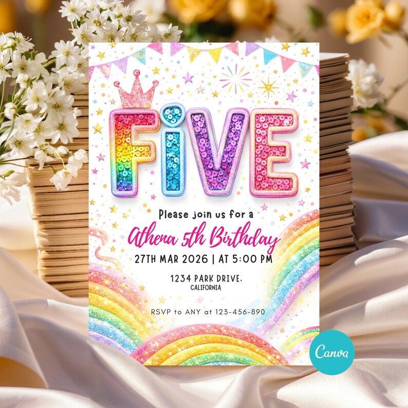 5th Birthday Invitation Girl, 5th Rainbow Sequin Birthday Editable ...
