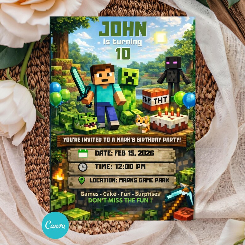 Editable Pixel Block Birthday Party Invitation Template, Digital Gamer ...