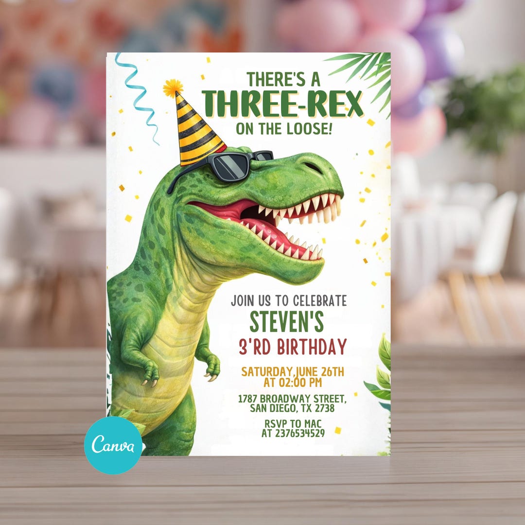 Three Rex Birthday Invitation, Editable Dino 3rd Birthday Invite, Boys ...
