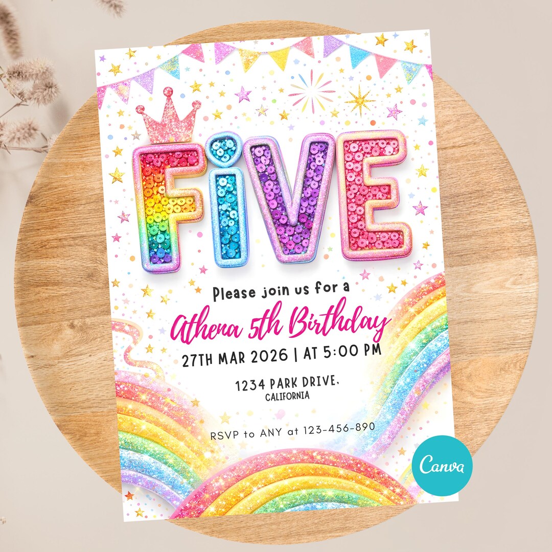 5th Birthday Invitation Girl, 5th Rainbow Sequin Birthday Editable ...