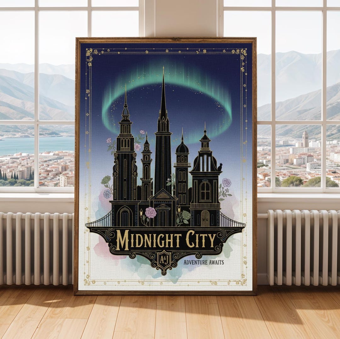Midnight Cityscape Poster – Victorian Silhouette, Green Aurora Art - Etsy