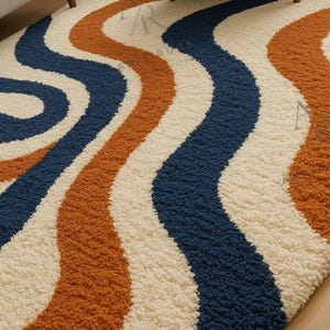 Hand-tufted Wave Rug: Cream, Navy, and Burnt Orange - Plush Modern ...