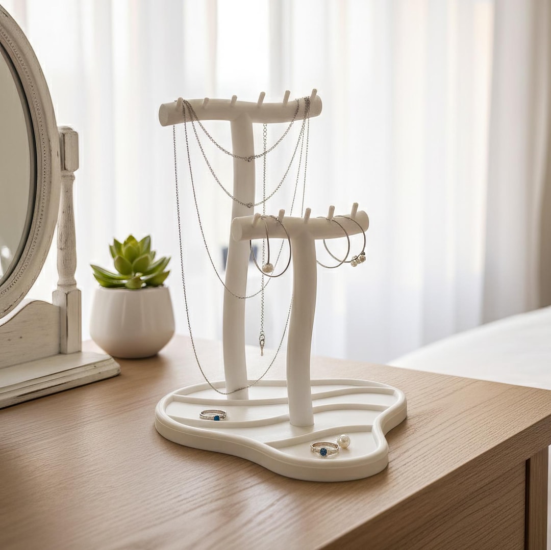Modern White Jewelry Stand Organizer With Hooks for Necklaces ...