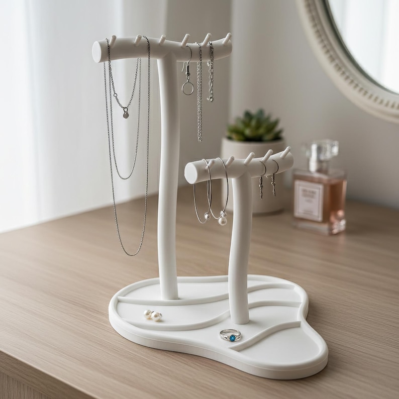 Modern White Jewelry Stand Organizer With Hooks for Necklaces ...