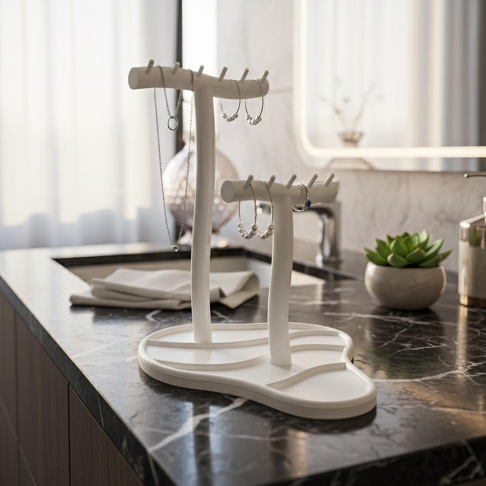 Modern White Jewelry Stand Organizer With Hooks for Necklaces ...