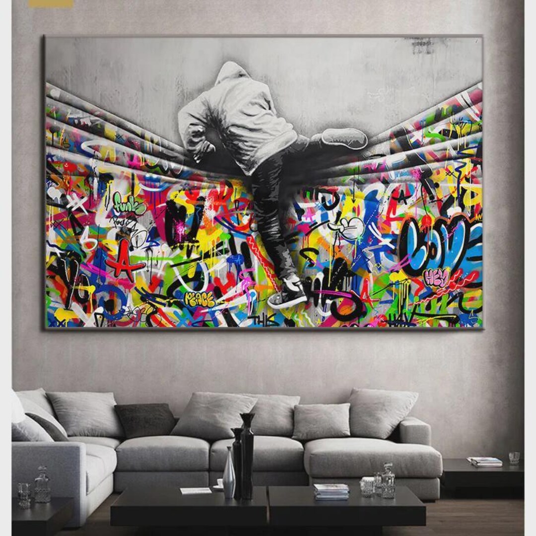 Street Art Canvas Print Graffiti Man Breaking Wall Urban Style Modern ...