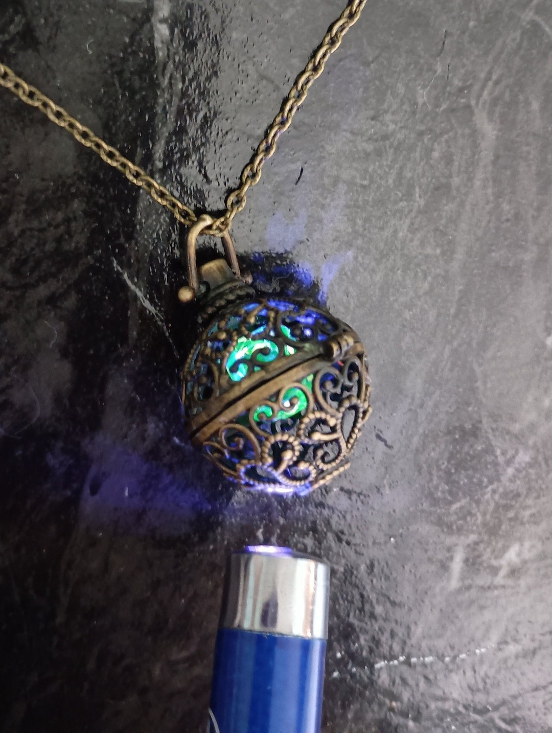 Vintage Uranium Glass Gem in Filigree Ball Pendant Locket 20" Chain - Etsy