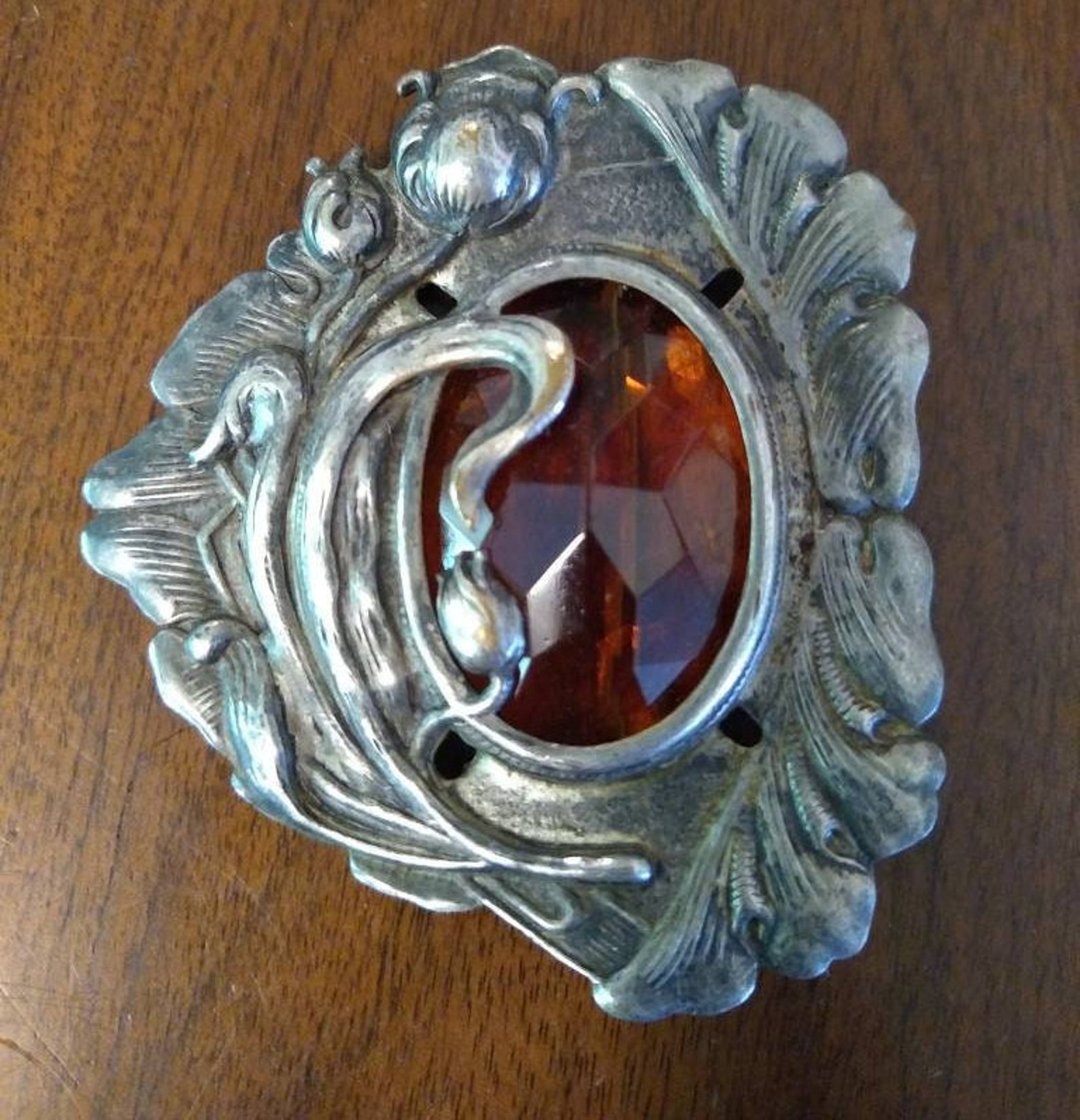 Art Nouveau Silver C Clasp Brooch With Large Faceted Golden Open Back ...