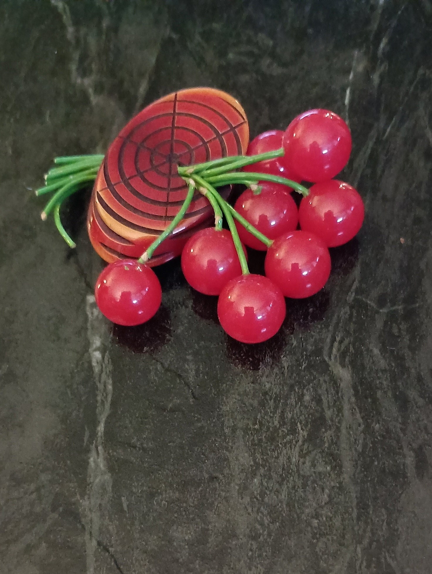 Bakelite Cherries, Faux Wood Brooch. 8 Red Translucent Cherries Dangle ...