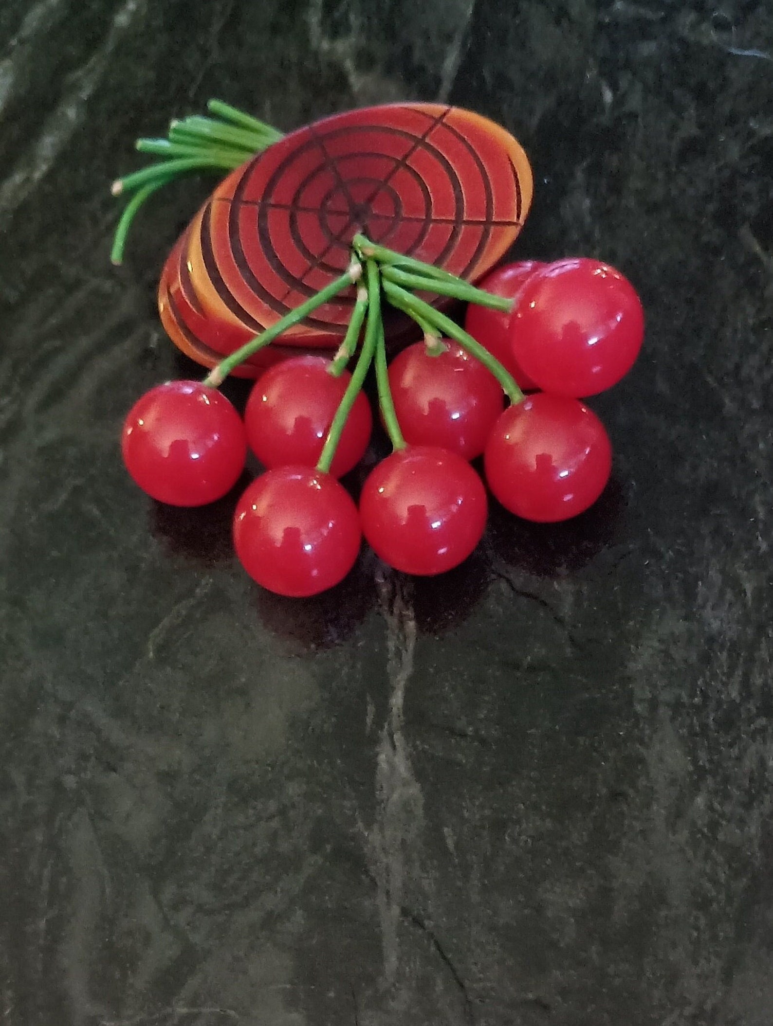 Bakelite Cherries, Faux Wood Brooch. 8 Red Translucent Cherries Dangle ...