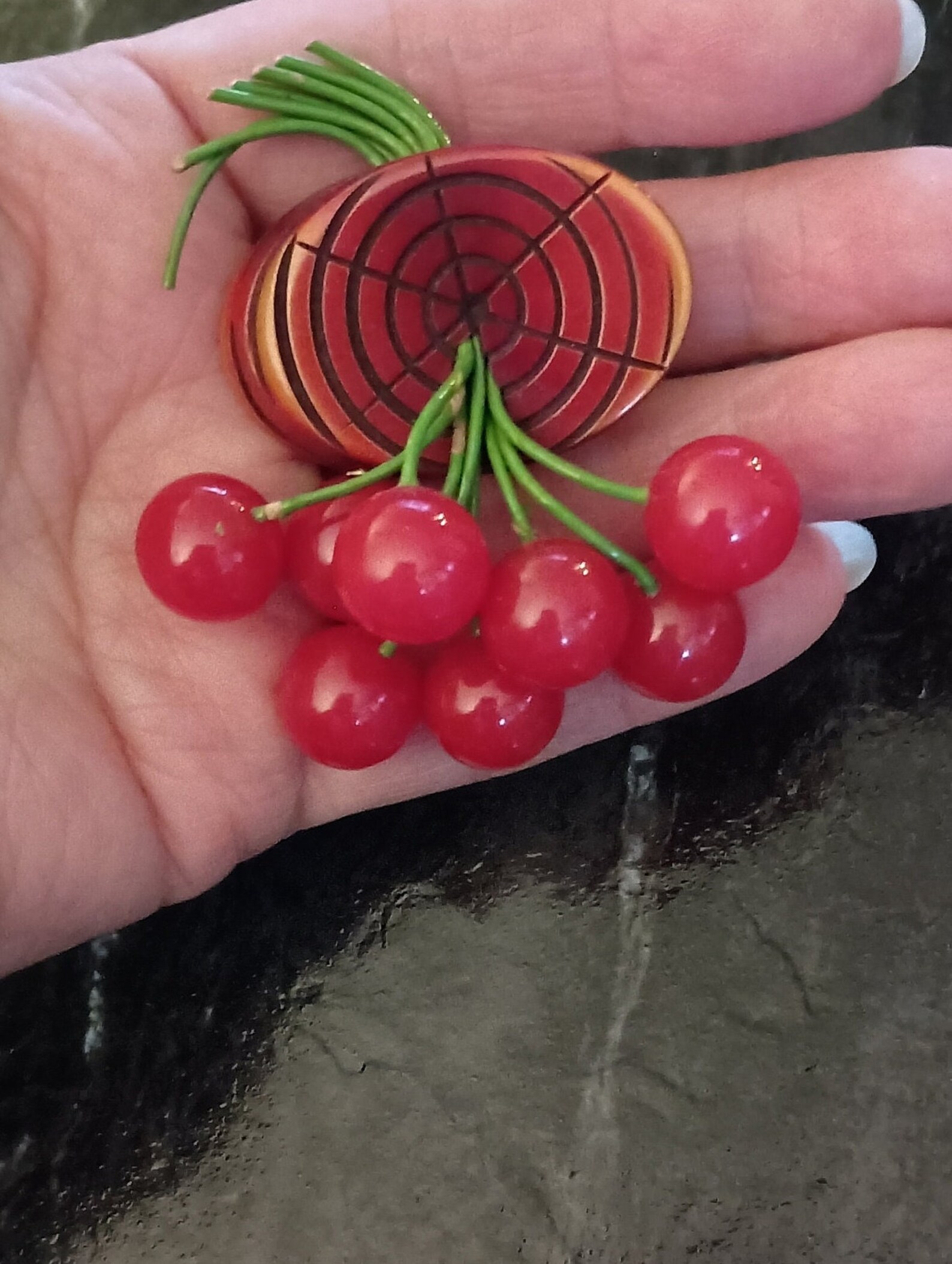 Bakelite Cherries, Faux Wood Brooch. 8 Red Translucent Cherries Dangle ...