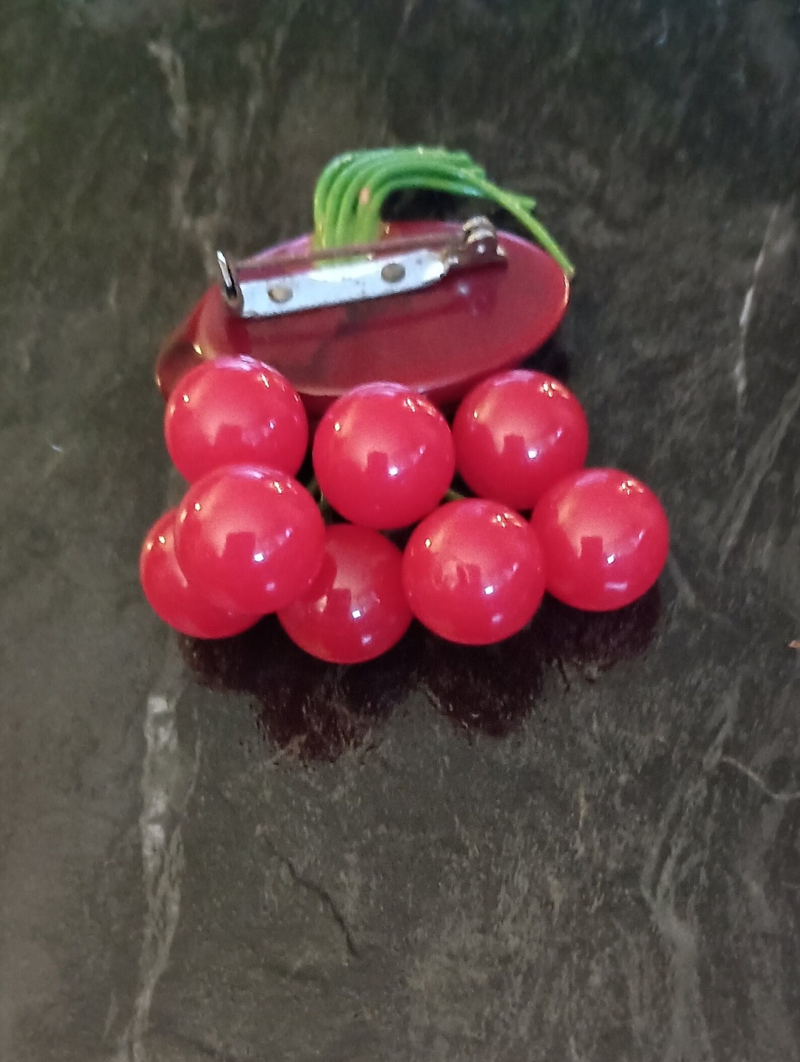 Bakelite Cherries, Faux Wood Brooch. 8 Red Translucent Cherries Dangle ...